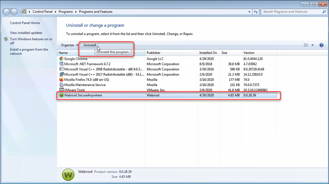 Uninstall Webroot SecureAnywhere for Windows 8 and older