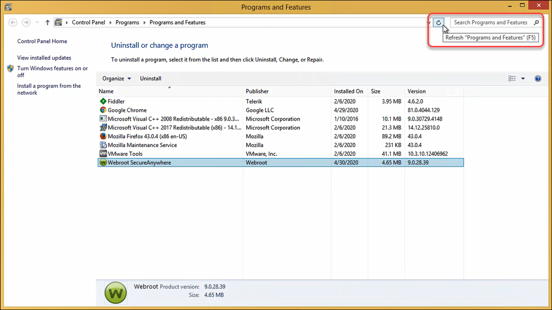 Uninstall Webroot SecureAnywhere for Windows 8 and older