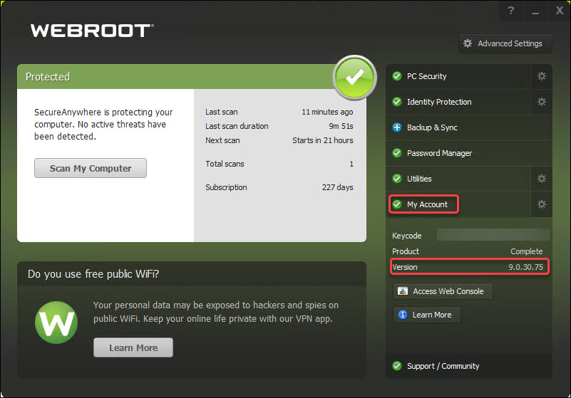 How to check which version of Webroot SecureAnywhere is running on the PC
