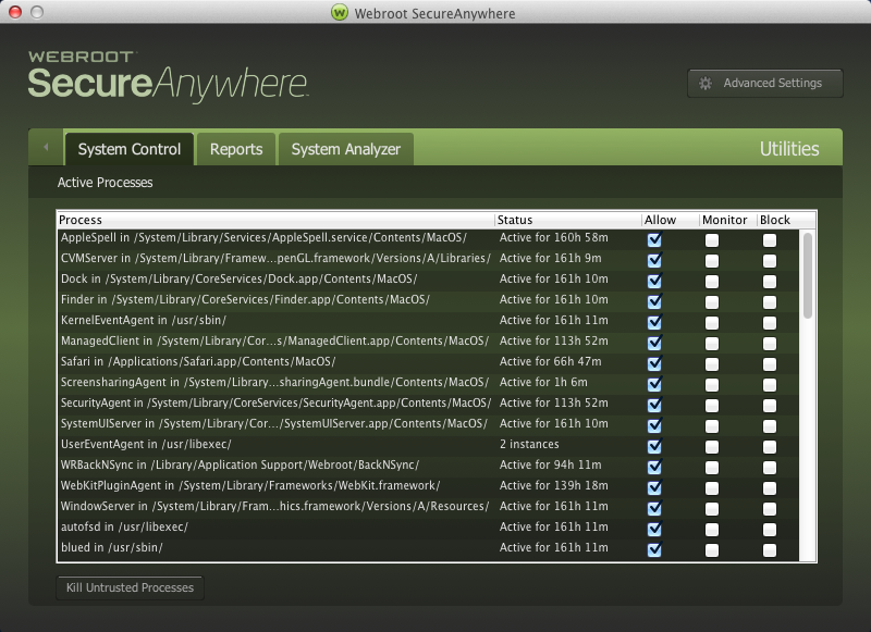 Control active processes
