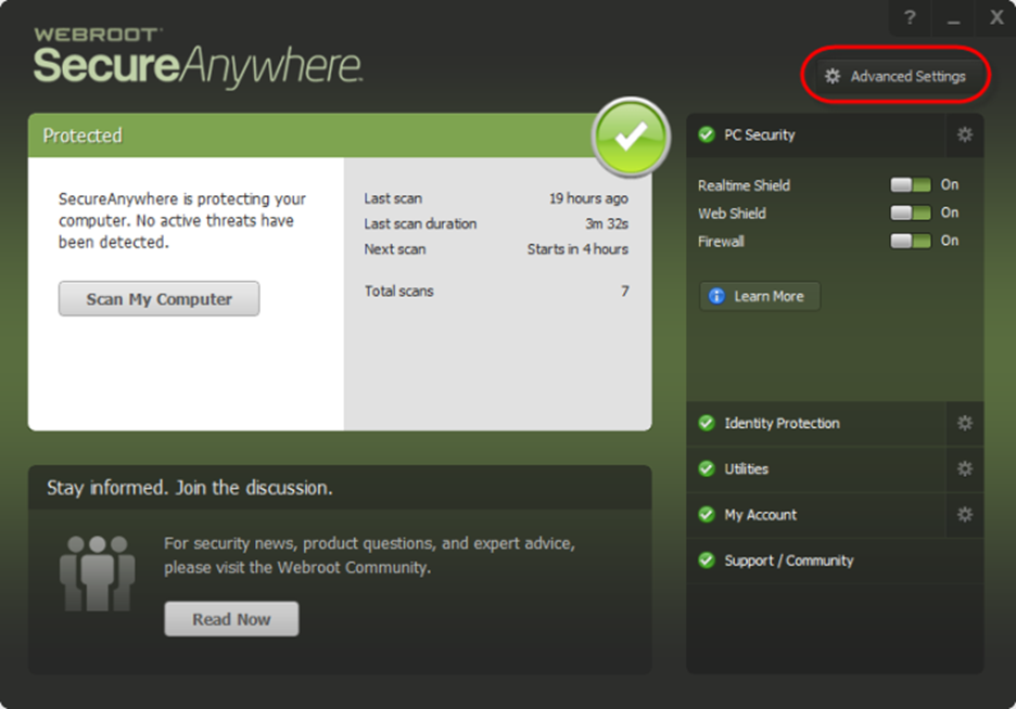 Changing the settings for the Webroot Web Threat Shield
