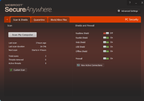 SecureAnywhere Managing shields