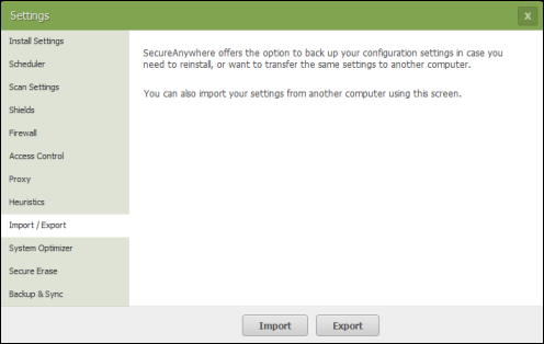 SecureAnywhere Importing or exporting settings